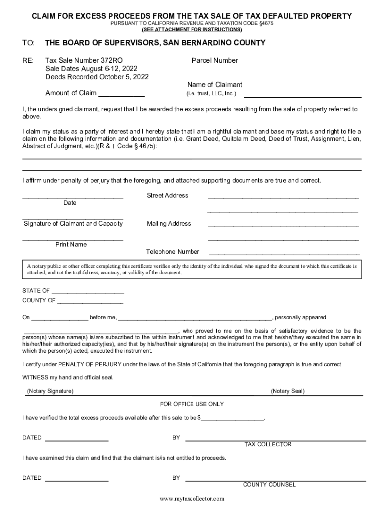 Fillable Online (tax collector's letterhead) claim for excess proceeds ...