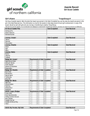 Fillable Online Girl Scout Brownie Award Record forTroop #. A tool for ...