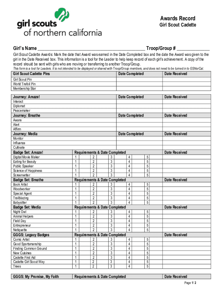 Fillable Online Girl Scout Brownie Award Record forTroop #. A tool for the troop leader and the ...