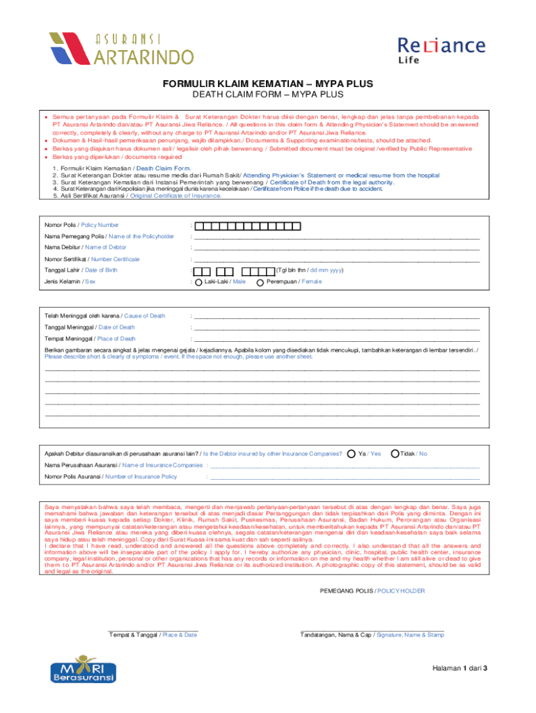 Fillable Online formulir pengajuan klaim claim application form Fax ...