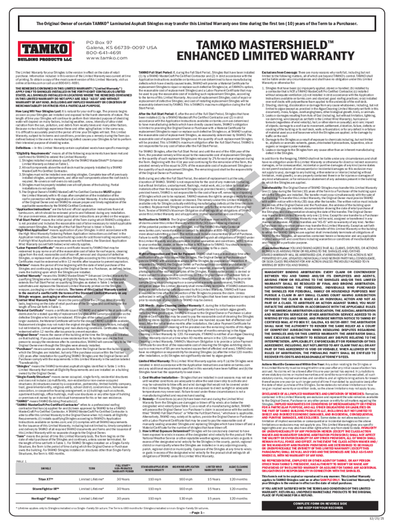 Fillable Online What Is The Warranty On Tamko Shingles? - RGB ...