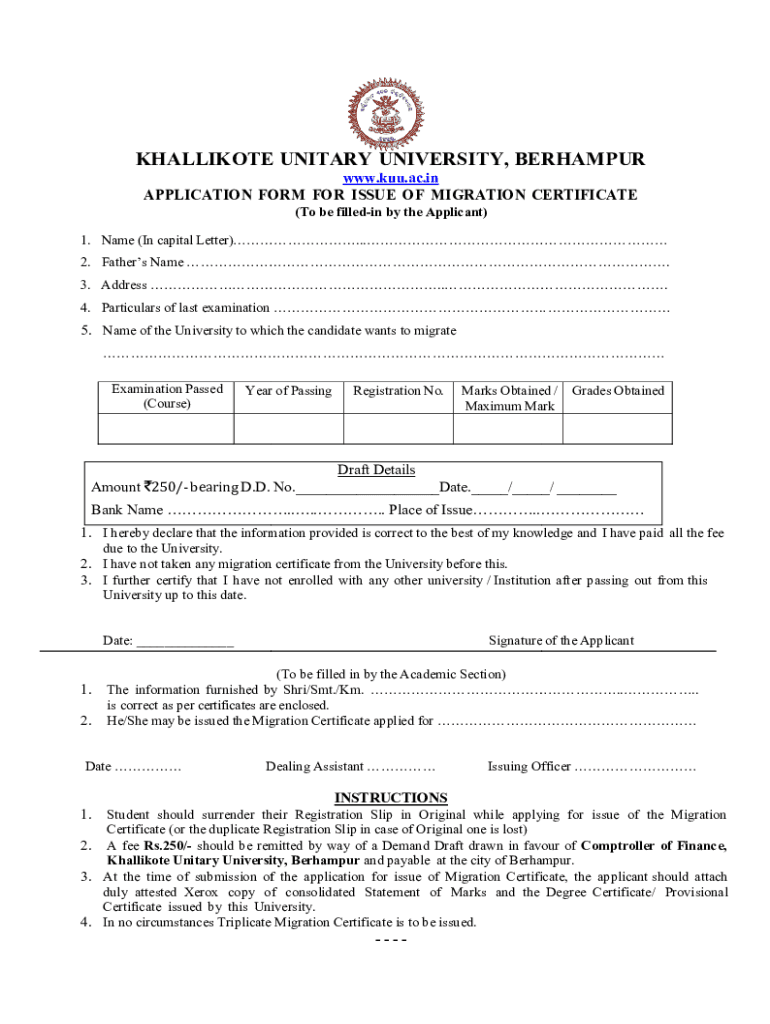 Fillable Online Form of application for issue of MIGRATION CERTIFICATE ...