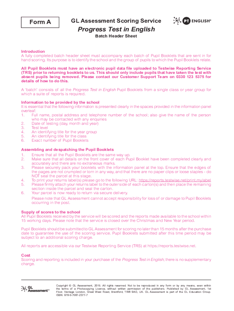Fillable Online GL Assessment Scoring Service - Progress Test in ...