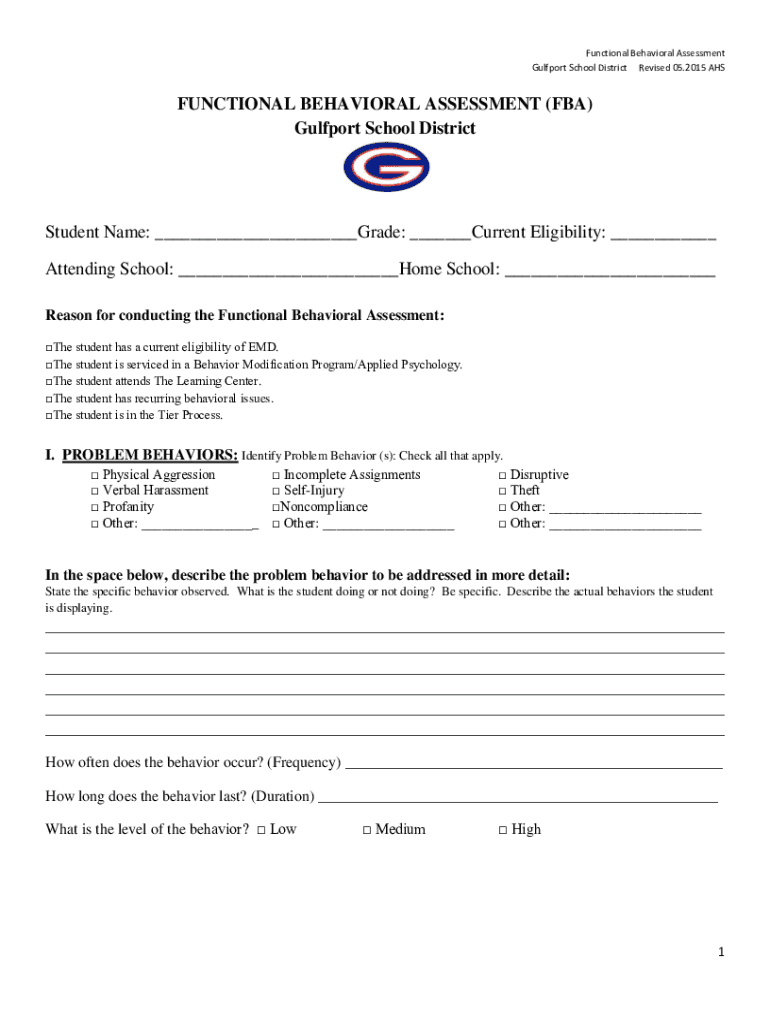 Fillable Online Practical Functional Behavioral Assessment (FBA) - Part ...