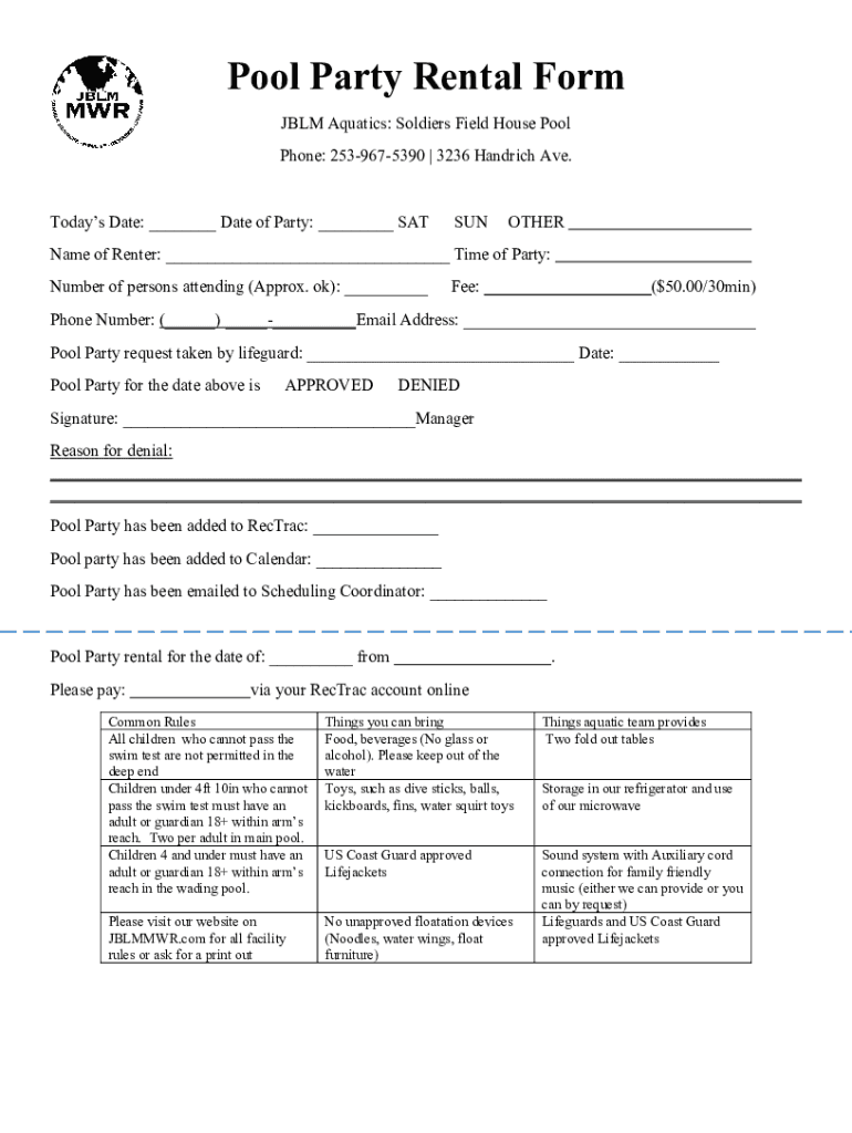 Fillable Online Pool Party Rental Form Fax Email Print - pdfFiller
