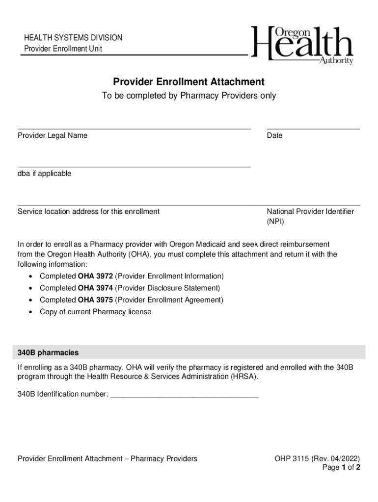 Fillable Online OHP 3115 Provider Enrollment Attachement. Enrollment ...