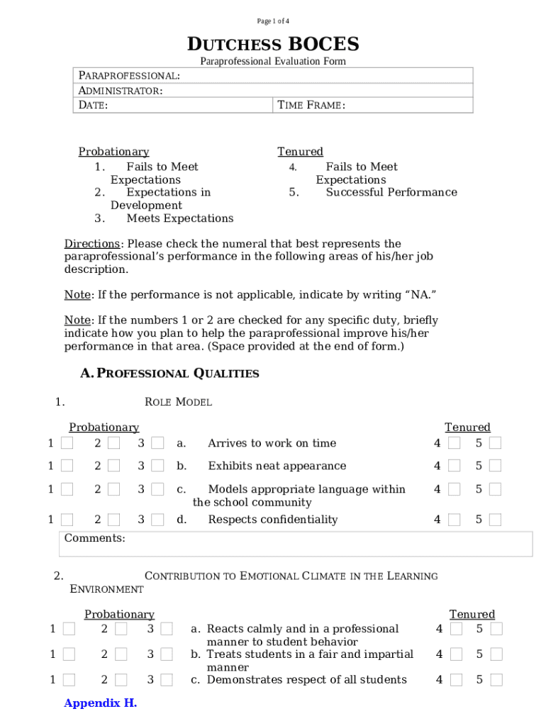 Tenured Paraprofessional Self-Evaluation Doc Template | pdfFiller