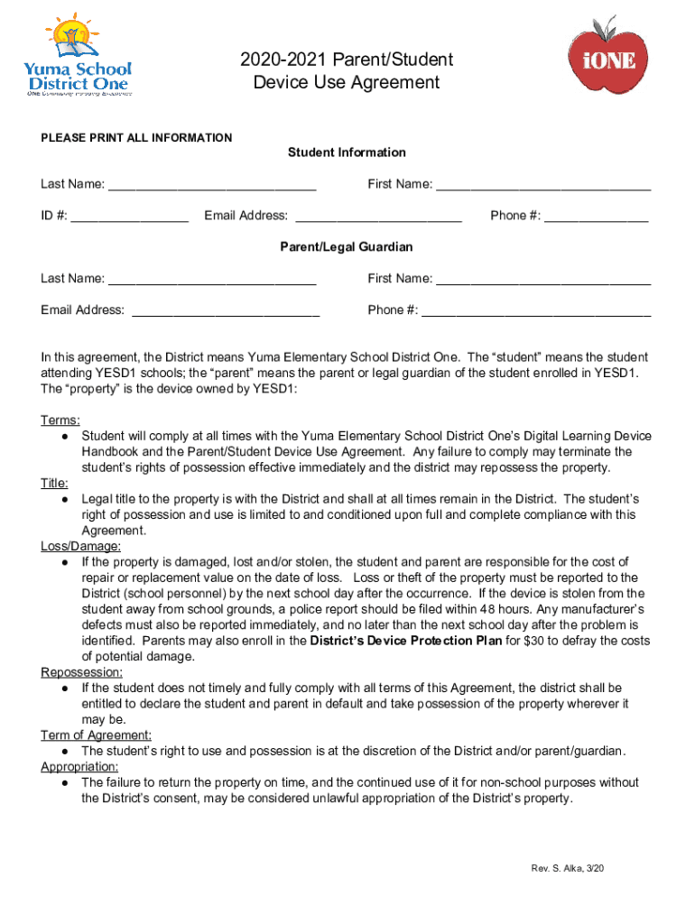 Fillable Online STUDENT/PARENT DEVICE USE AGREEMENT Fax Email Print - pdfFiller
