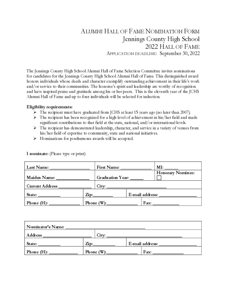 Fillable Online ALUMNI HALL OF FAME NOMINATION FORM Jennings ... Fax Email Print - pdfFiller