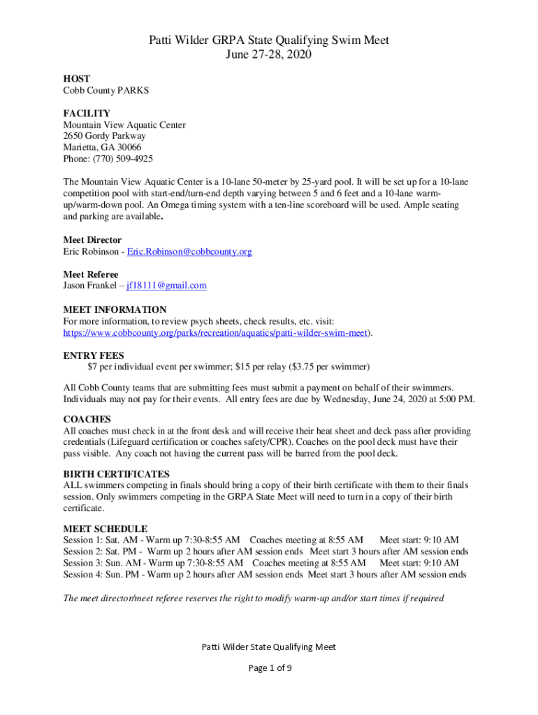 Fillable Online Patti Wilder GRPA State Qualifying Swim Meet June 27-28 ...