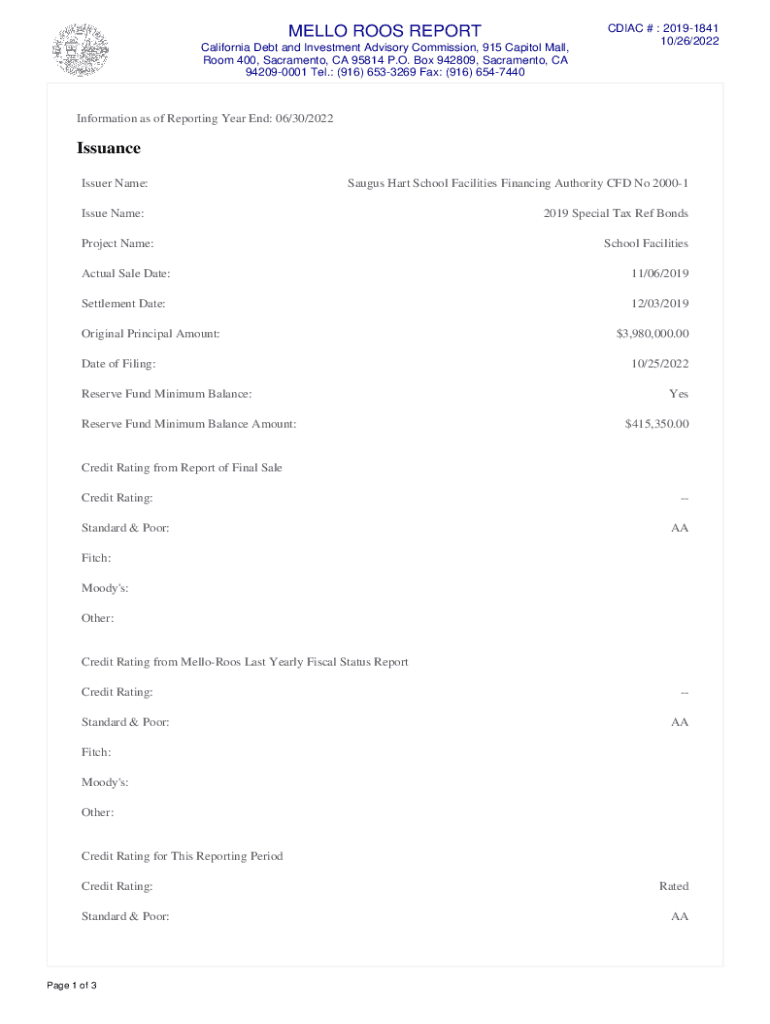Fillable Online Issuance MELLO ROOS REPORT - County Engineering Fax ...