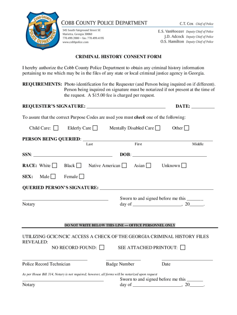 Fillable Online CRIMINAL HISTORY CONSENT FORM Full Name Aliases (Maiden ...