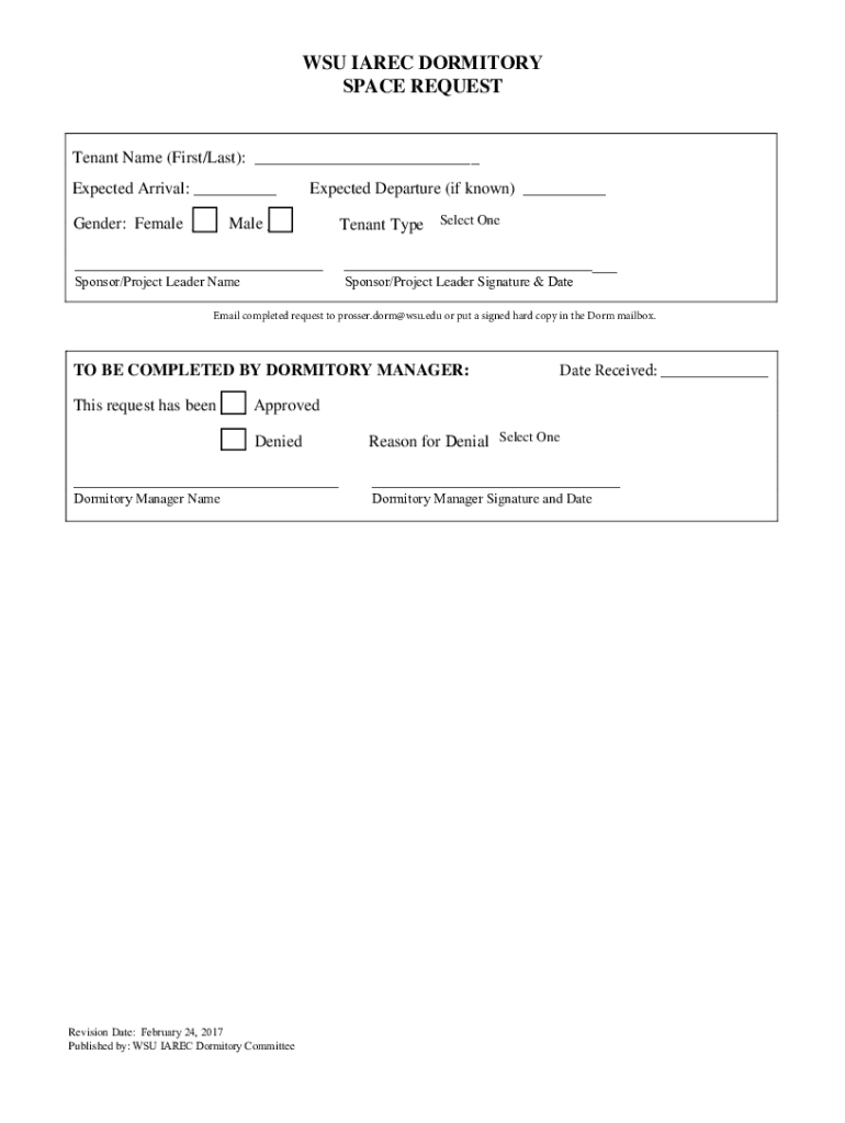 Fillable Online WSU-IAREC DORMITORY SPACE REQUEST/AGREEMENT Fax Email ...