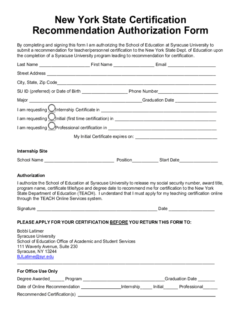 Fillable Online soe syr New York State Certification Recommendation ...