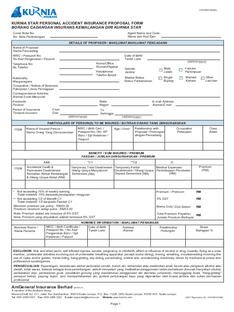 Fillable Online KURNIA STAR PERSONAL ACCIDENT INSURANCE PROPOSAL FORM ...