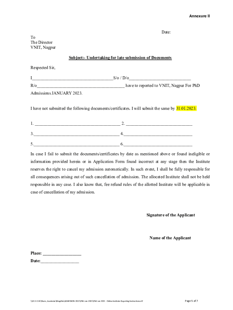 Fillable Online Annexure II (Undertaking for Pending Documents) - Nagpur Fax Email Print - pdfFiller