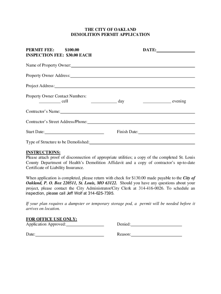 Fillable Online Demolition Permit Application - INSPECTION FEE Fax Email Print - pdfFiller
