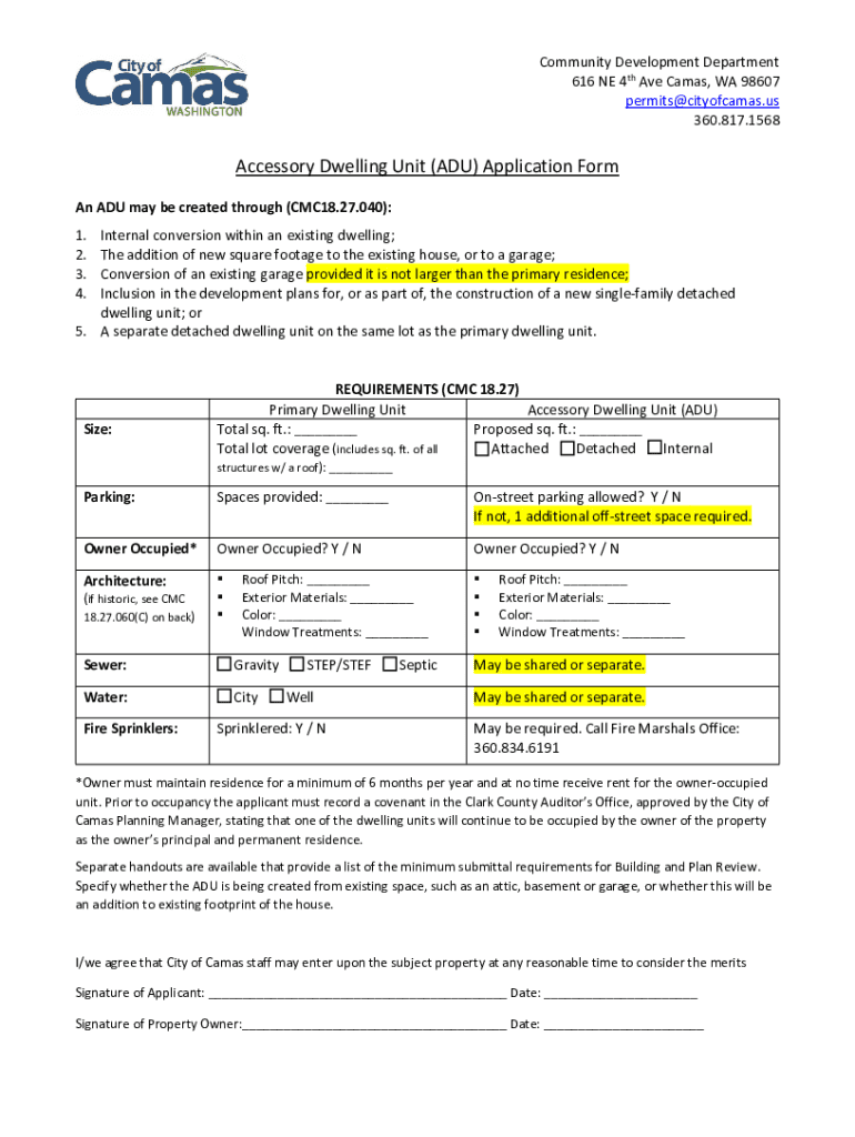Fillable Online Accessory Dwelling Unit (ADU) Application Form Fax ...