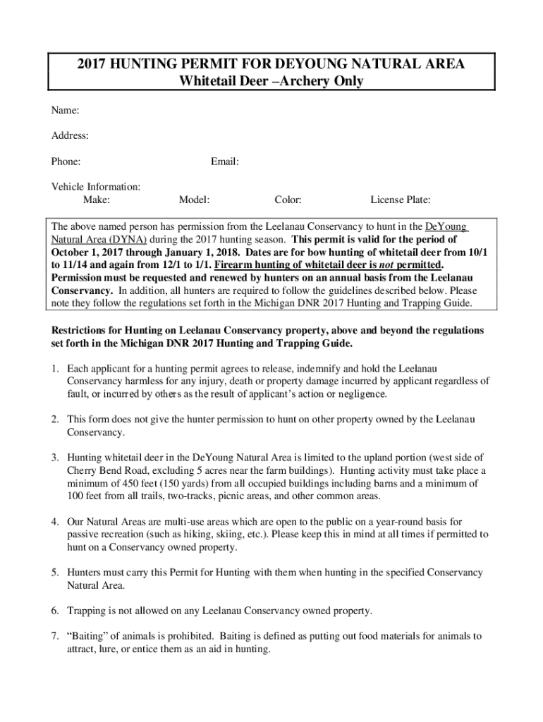 Fillable Online DeYoung Natural Area Hunting Permit 2017 -deer archery ...