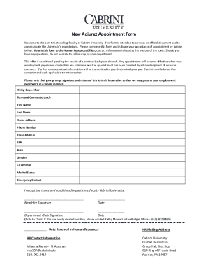 Fillable Online Get Cabrini University New Adjunct Appointment Form Fax ...