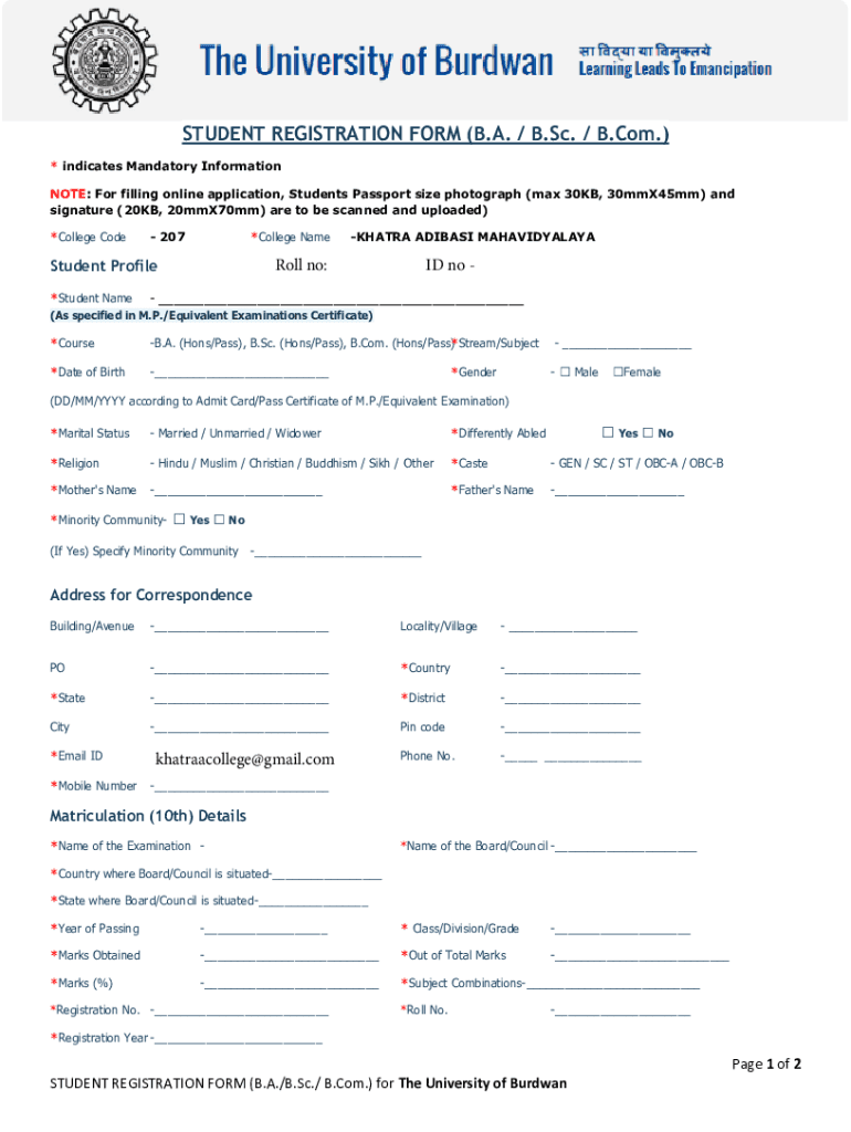 Fillable Online STUDENT REGISTRATION FORM (B.A. / B.Sc. / B.Com.) Fax ...