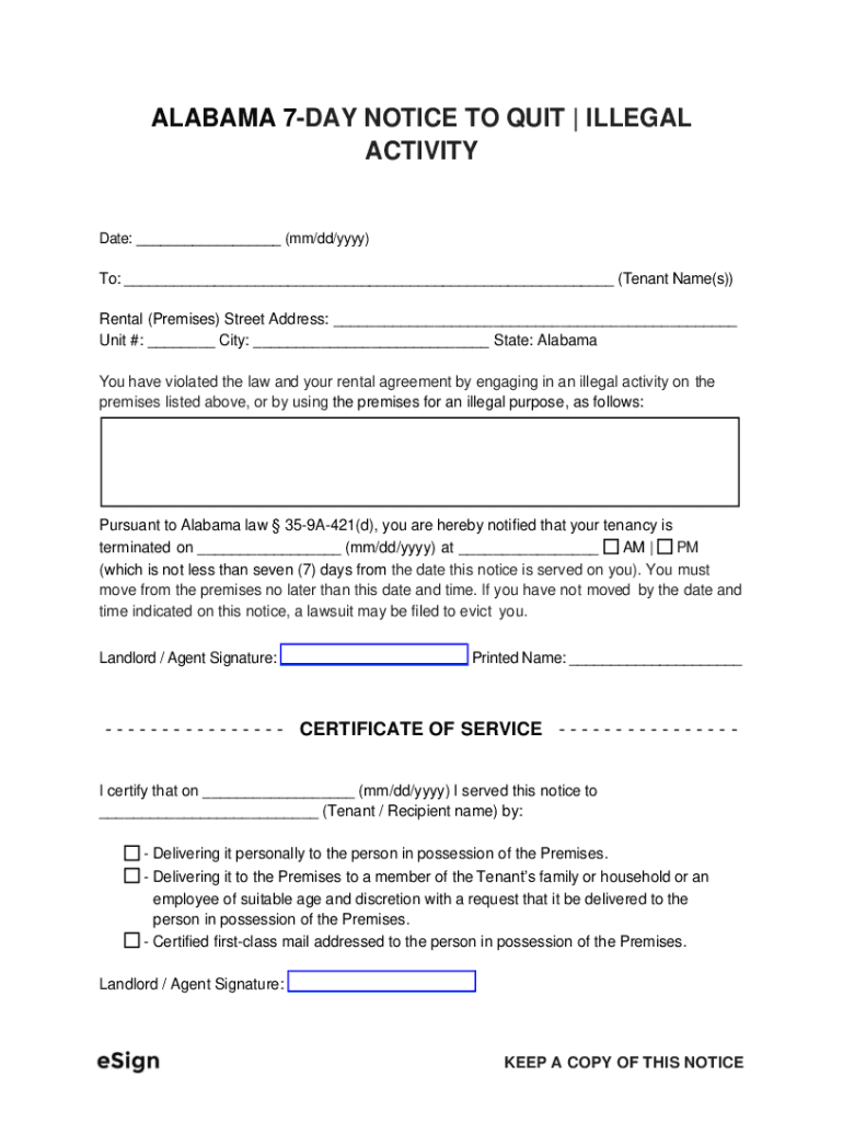 Fillable Online Alabama 7-Day Notice to Quit for Illegal Activity Fax Email Print - pdfFiller