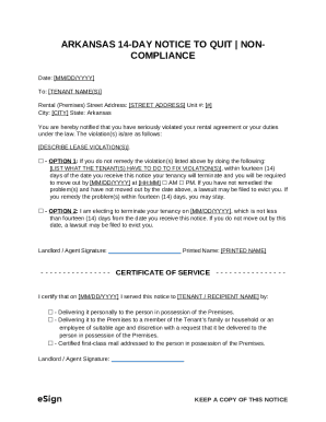 Arkansas 14-Day Notice to Quit for Non-Compliance Doc Template | pdfFiller