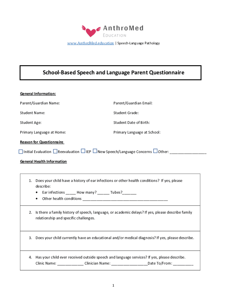 Fillable Online School-Age Speech and Language Parent Intake Form Fax ...