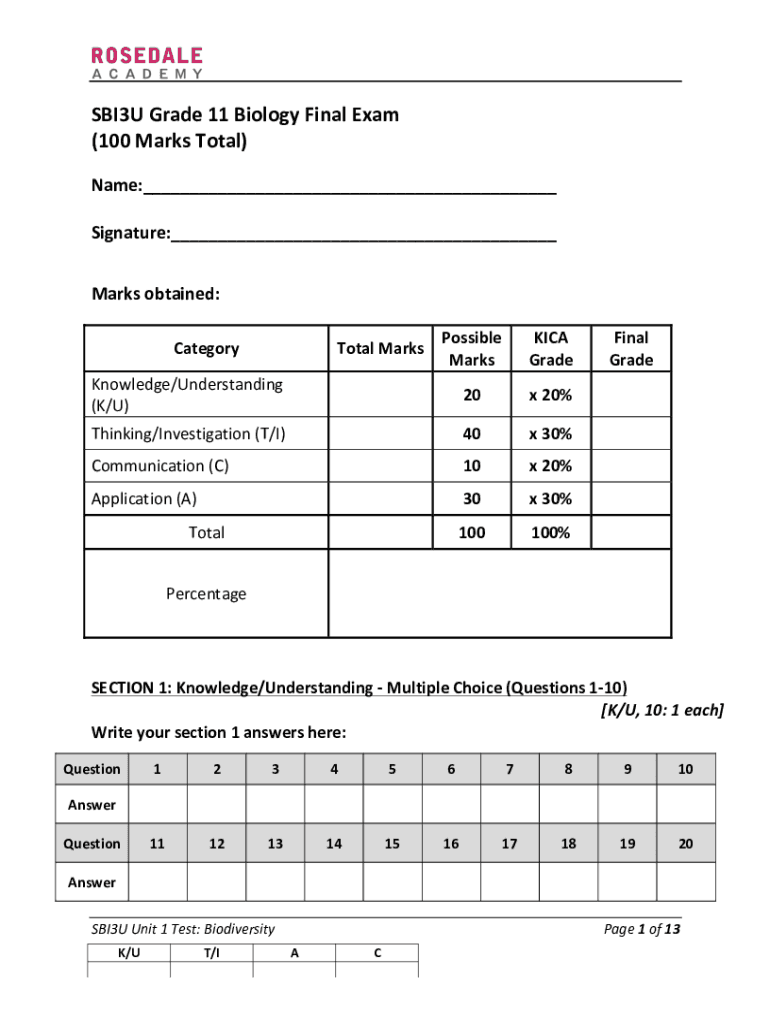 Fillable Online SBI3U Grade 11 Biology Final Exam (100 Marks Total) Fax ...