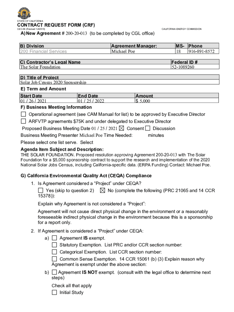 Fillable Online State Of California Contract Request Form (Crf) Cec94 ...