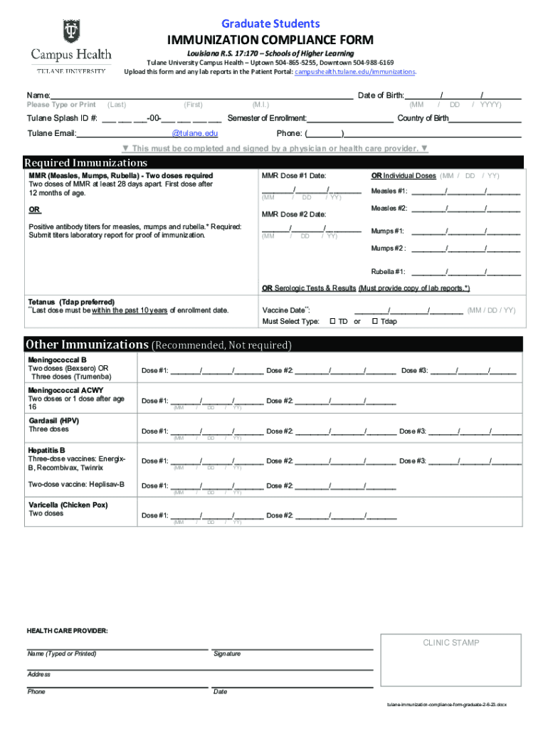 Fillable Online Tulane Immunization Compliance Form Fax Email Print ...