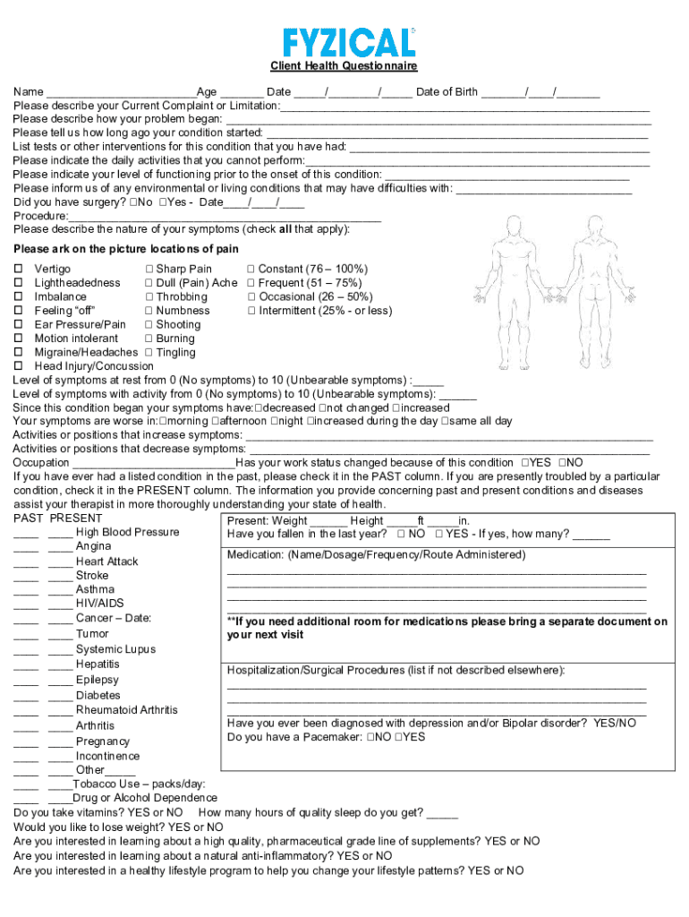 Fillable Online WEIGHT LOSS SURGERY HEALTH QUESTIONNAIRE Fax Email ...