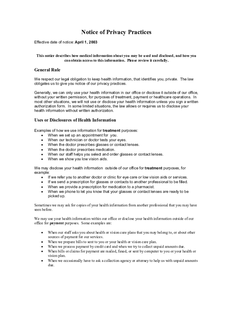 Fillable Online NOTICE OF PRIVACY PRACTICES Effective Date of Notice ...