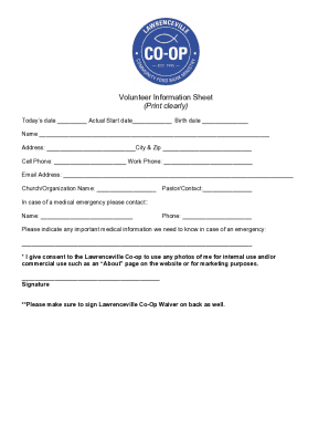 Fillable Online Volunteer Information Sheet (Print clearly) Fax Email Print - pdfFiller
