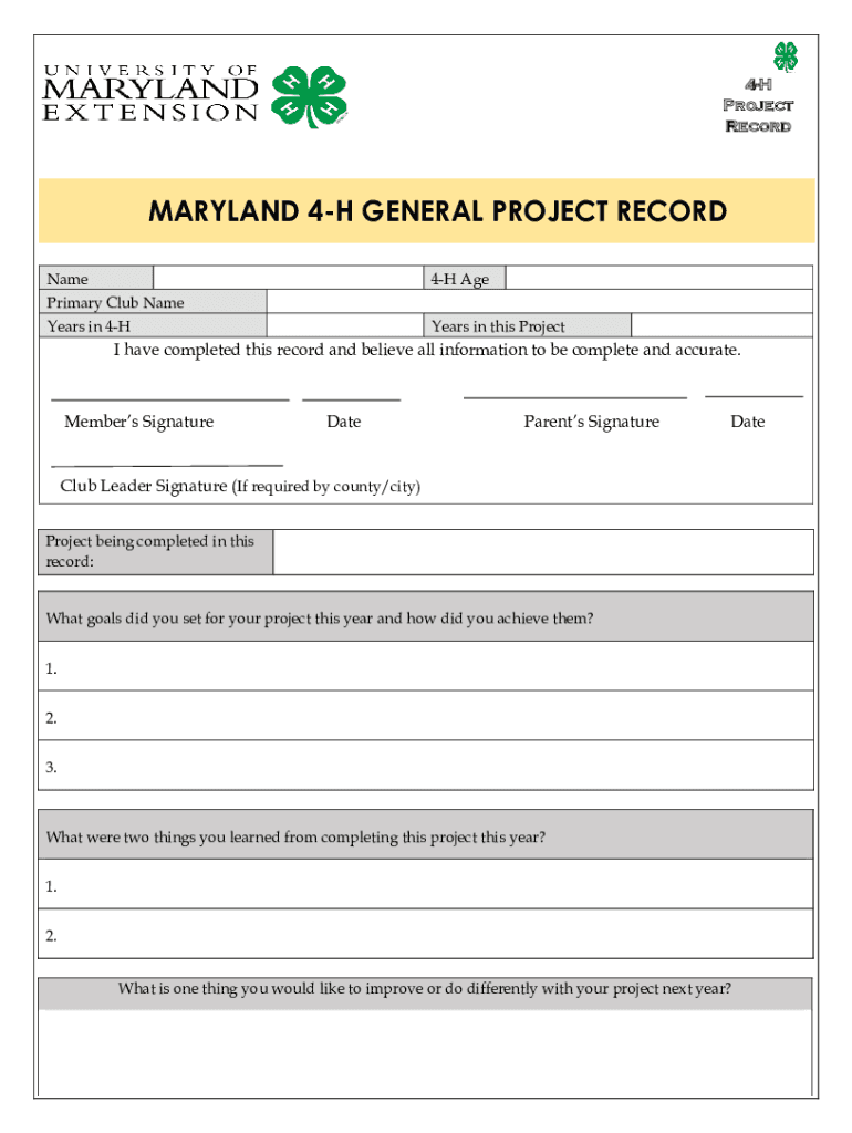 Fillable Online extension umd 4-H Project Record Books - New Hanover County Center Fax Email ...