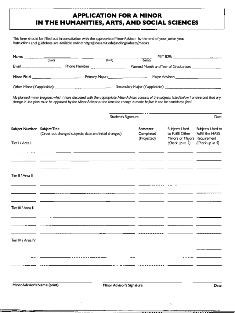 Fillable Online shass mit APPLICATION FOR A MINOR IN THE ... Fax Email ...