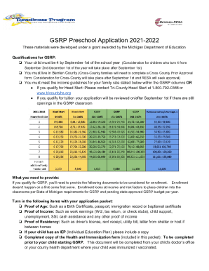 Fillable Online 21-22 Strong Beginnings Application Ber... GSRP Pre ...