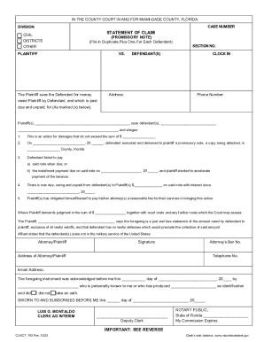Fillable Online STATEMENT OF CLAIM (PROMISSORY NOTE)(File in Duplicate ...