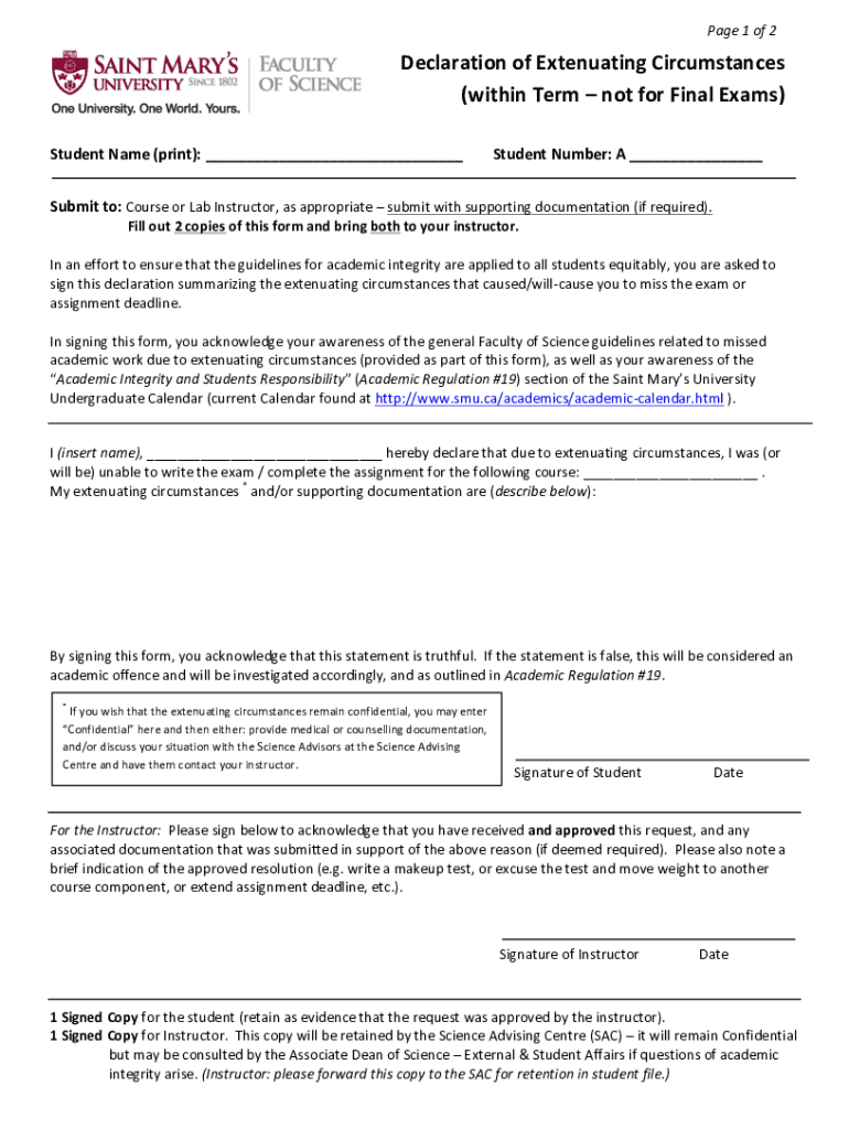 Fillable Online Declaration of Extenuating Circumstances (within Term ...