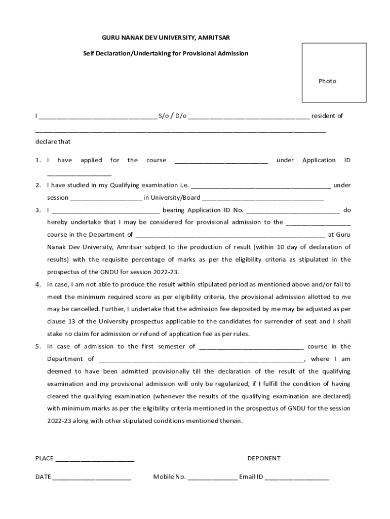 Fillable Online Self Declaration/Undertaking for Provisional Admission ...