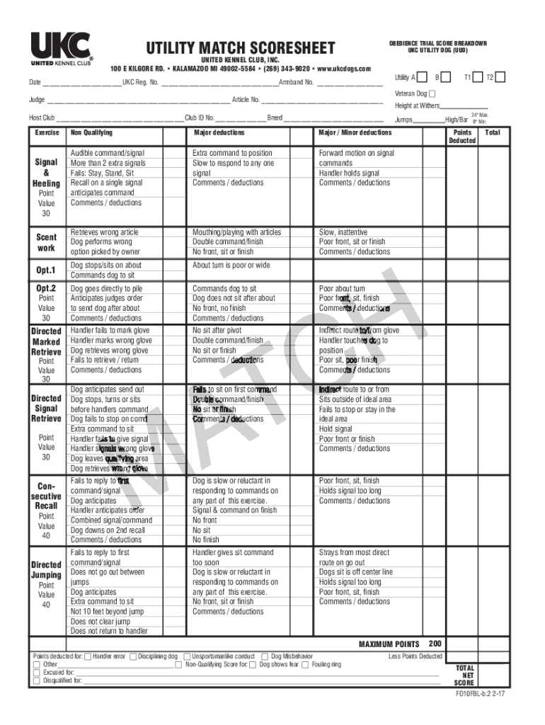 Fillable Online UKC OBEDIENCE HIGH IN TRIAL SCORESHEET Fax Email Print ...