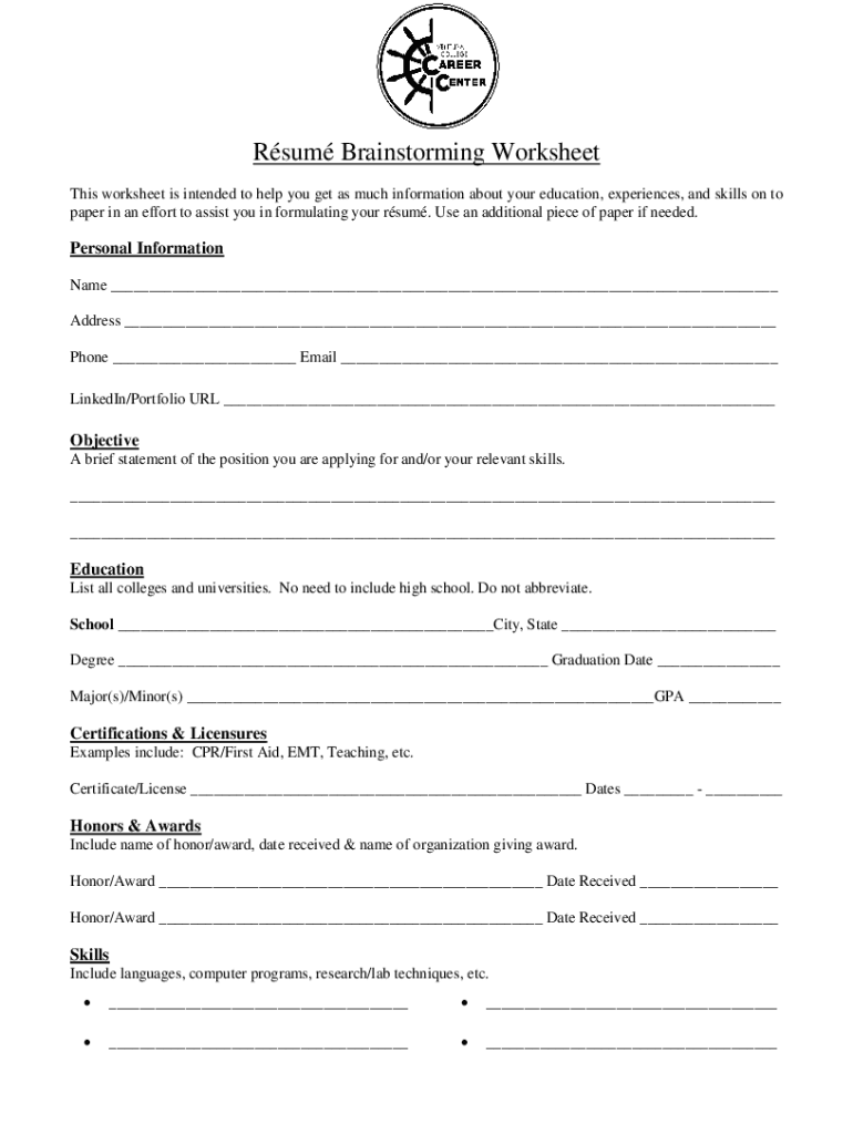 Fillable Online RESUME BRAINSTORMING WORKSHEET Fax Email Print - pdfFiller