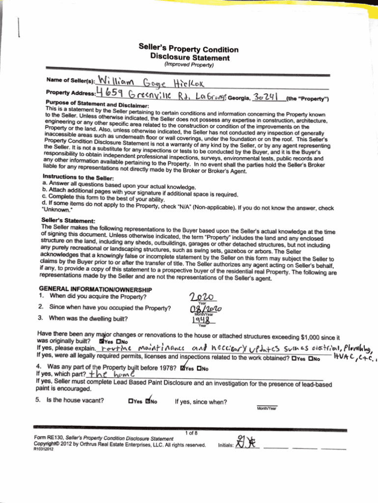 Fillable Online Property Condition Disclosure Statement - Department of ...