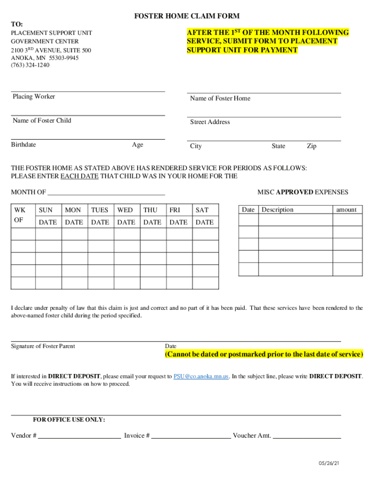 Fillable Online FOSTER HOME CLAIM FORM Fax Email Print - pdfFiller