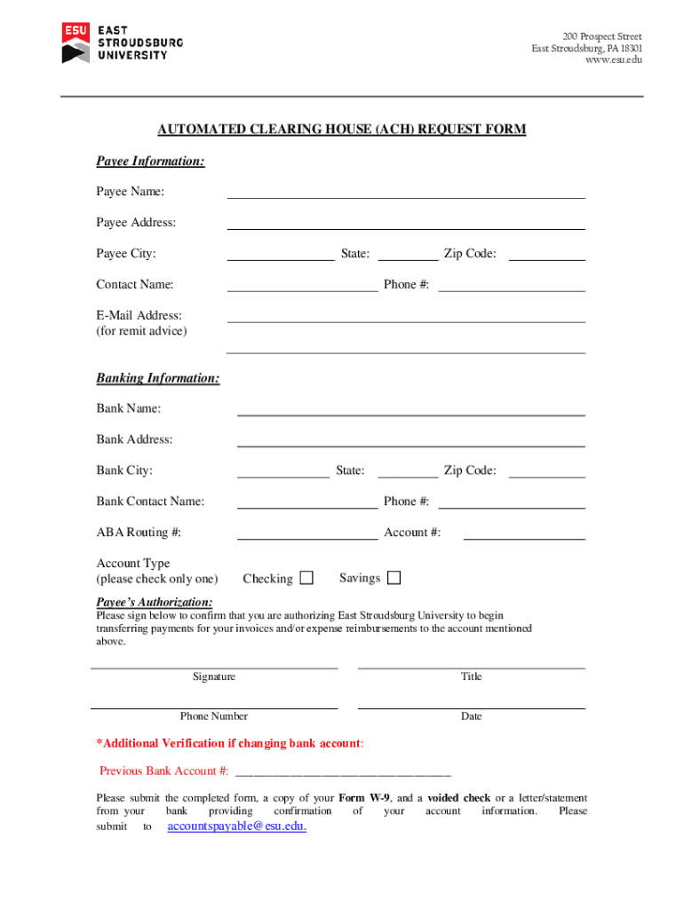 Fillable Online AUTOMATED CLEARING HOUSE (ACH) REQUEST FORM Payee ...