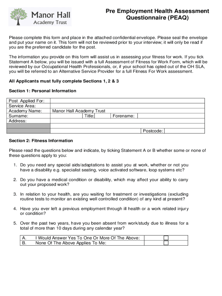 Fillable Online Pre-Placement Health Questionnaire and Assessment Fax ...