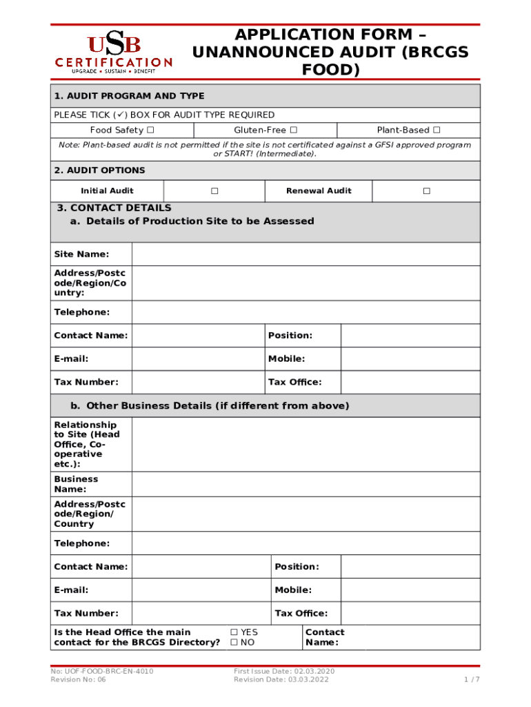 application unannounced audit (brcgs food) Doc Template | pdfFiller
