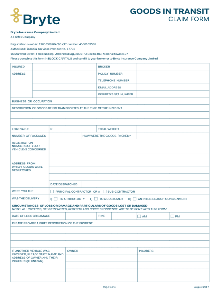 Fillable Online 910) Goods In Transit Claim FormPROOF 1FINAL.indd Fax ...