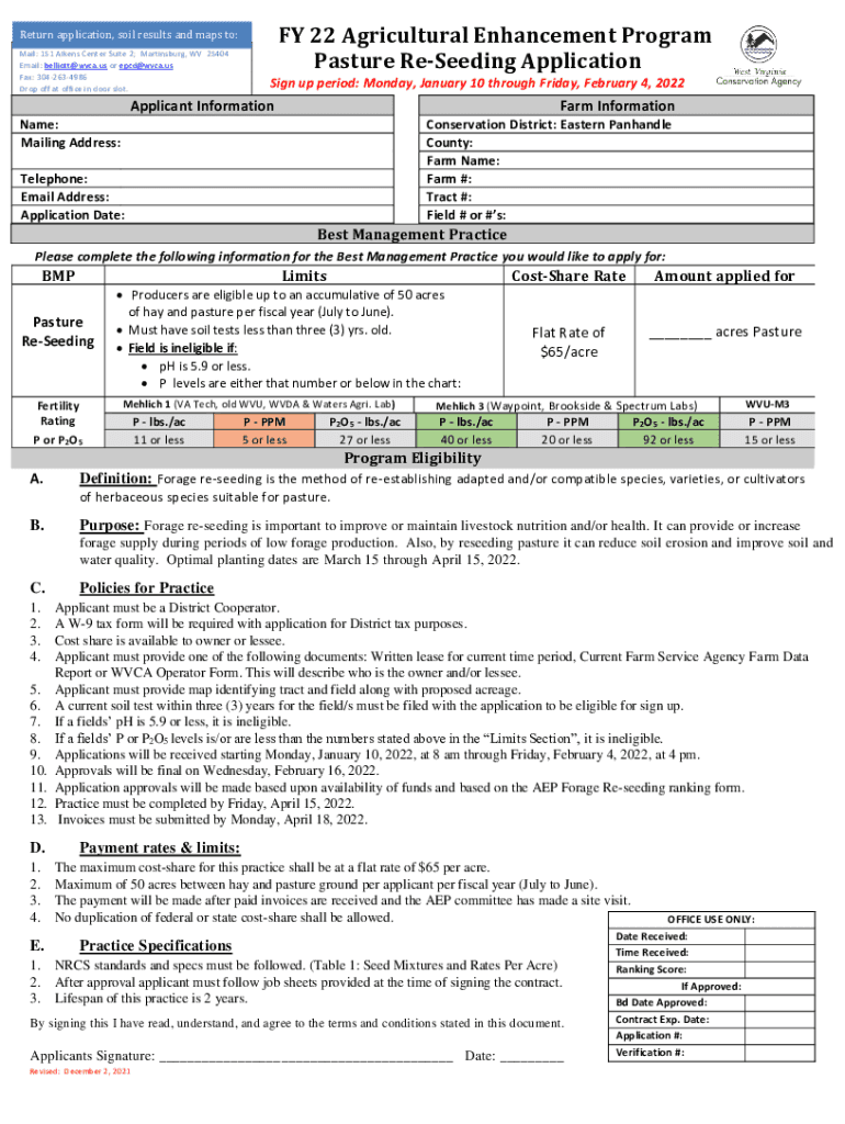 Fillable Online FY 22 Agricultural Enhancement Program Pasture Re ...