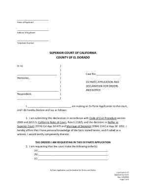 Fillable Online Ex Parte Application And Declaration For Orders And ...